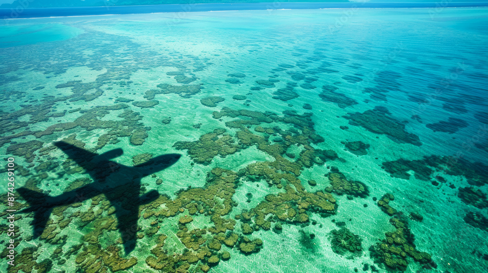 High-angle perspective of an airplane's shadow over a tropical island ...