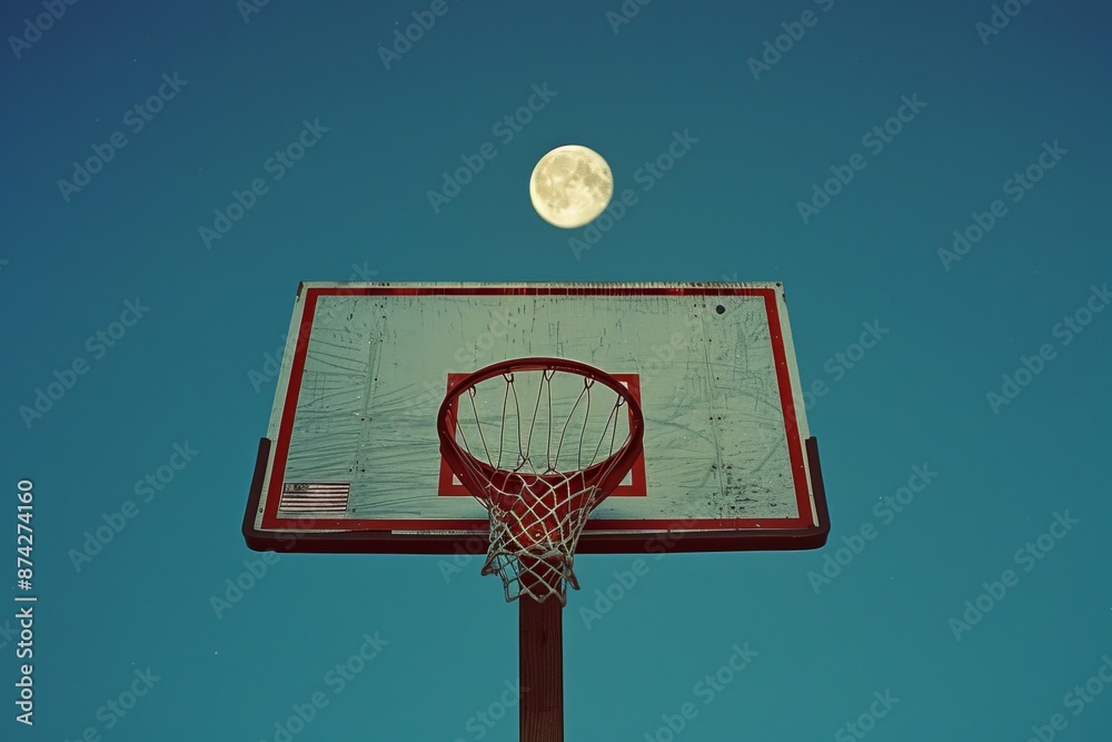 a photo of a basketball court with the moon right above the hoop Stock ...