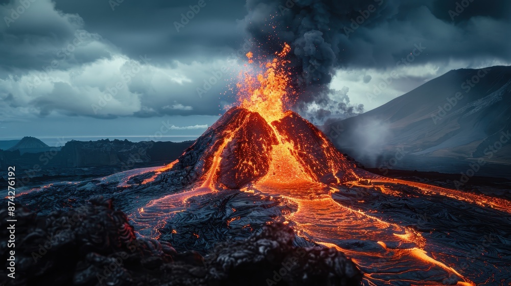Volcanic eruption with lava flowing from the crater, a plume of ash and ...