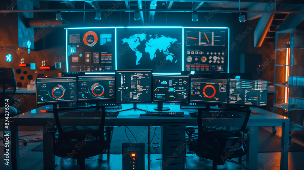 High-tech Cybersecurity Control Room with Multiple Monitors and Data ...