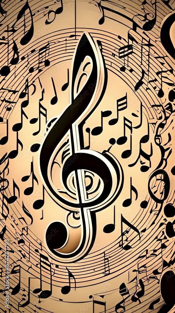 Moving sheet music notes and treble clef, floating as waves, musical ...
