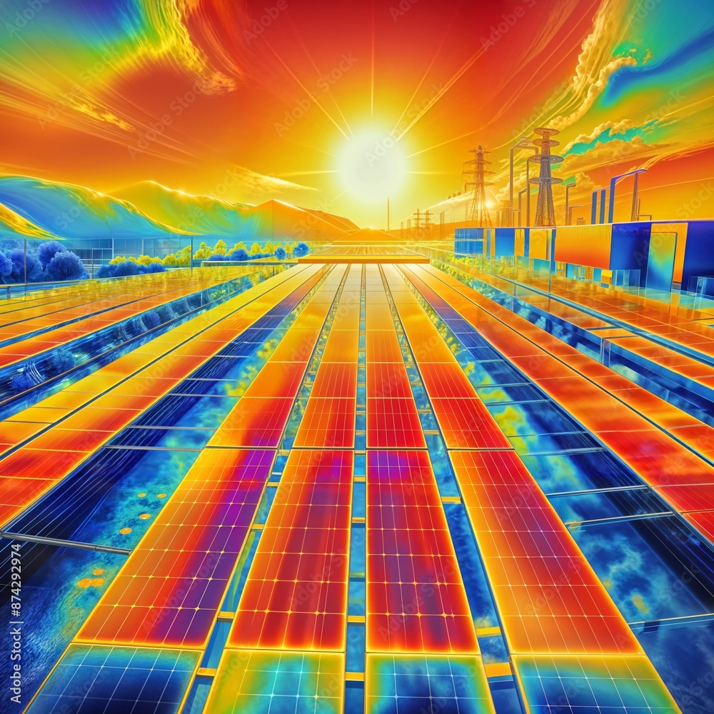 Rainbow solar farm. Photo of a solar farm with a colorful rainbow ...