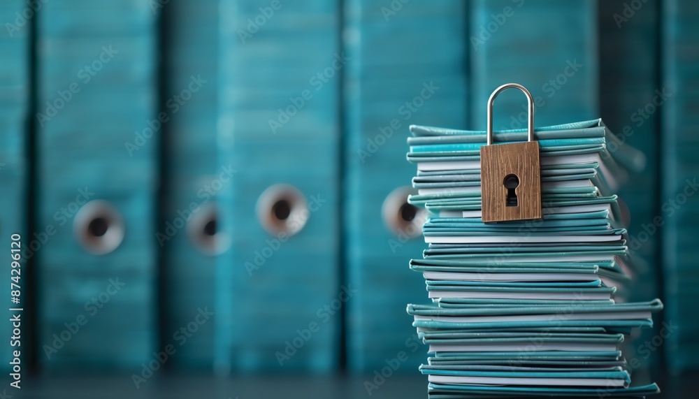 Stack of office folders secured with a lock, symbolizing data privacy ...