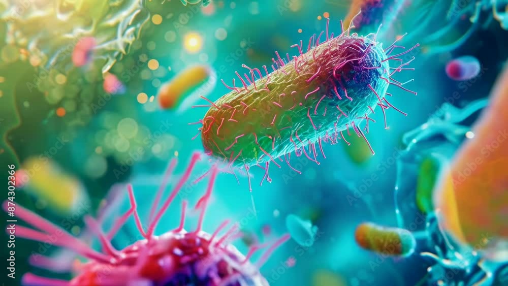 Close-up, colorful image of various bacteria and microorganisms under a microscope. The scene ...