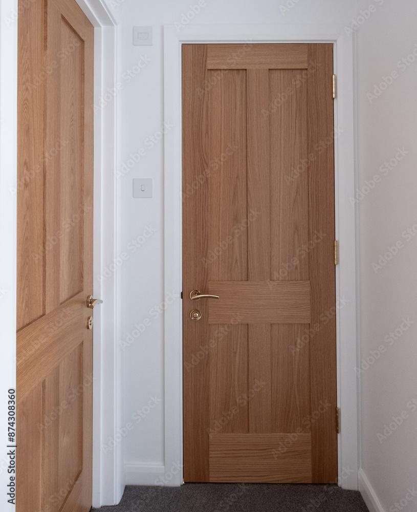Wooden, shaker style, panelled internal doors with brass door furniture ...