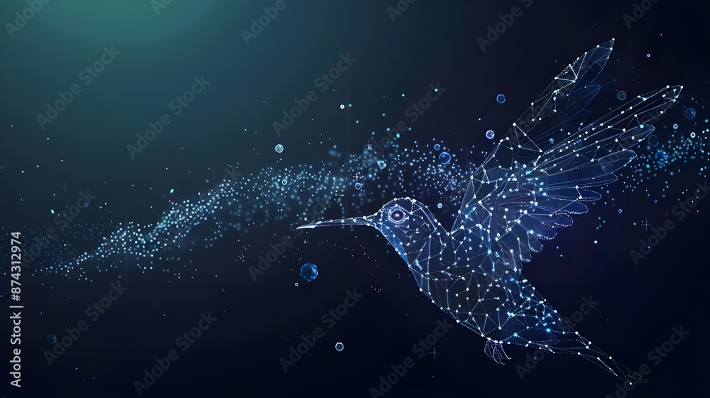 Abstract representation of a colibri made up of points, lines, and ...