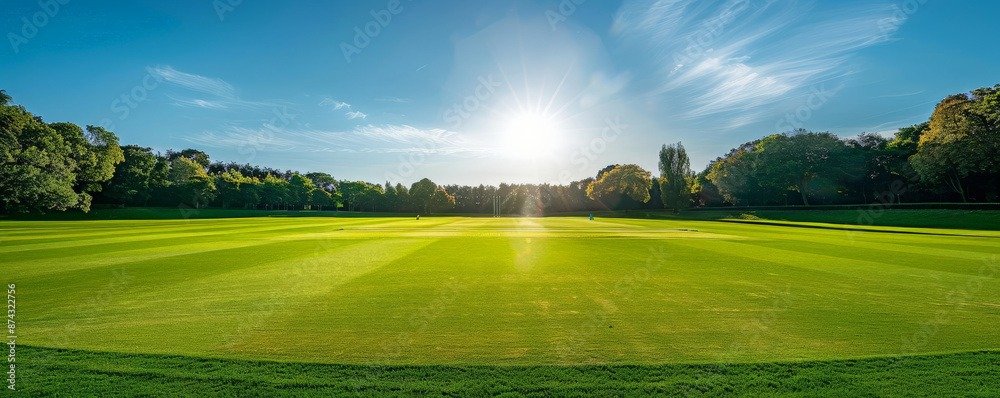 A stunning cricket field scene bathed in sunlight, with vibrant green ...