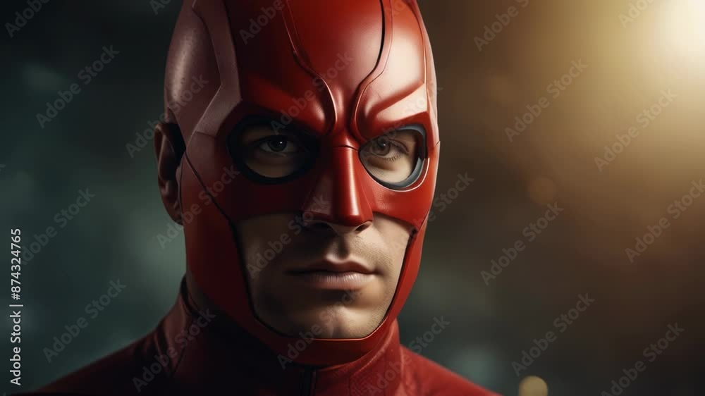 A close up portrait of a masked superhero. The superhero's red mask ...