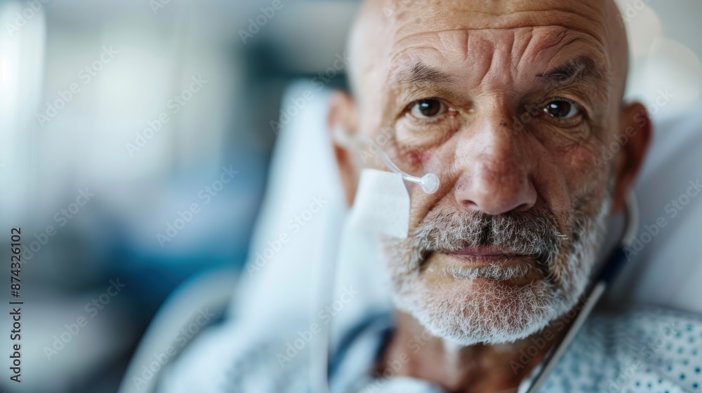 An older man with bruises and a nasal tube, lying in a hospital bed ...