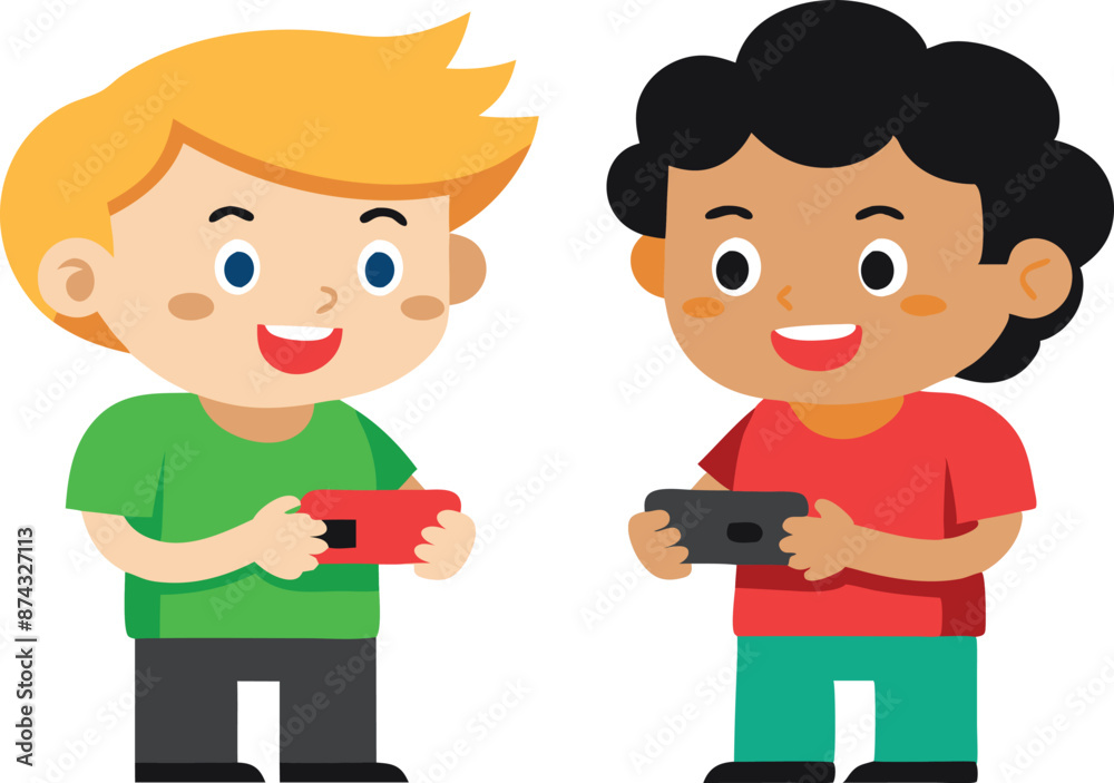 Two happy kids playing video games together on mobile phones Stock ...