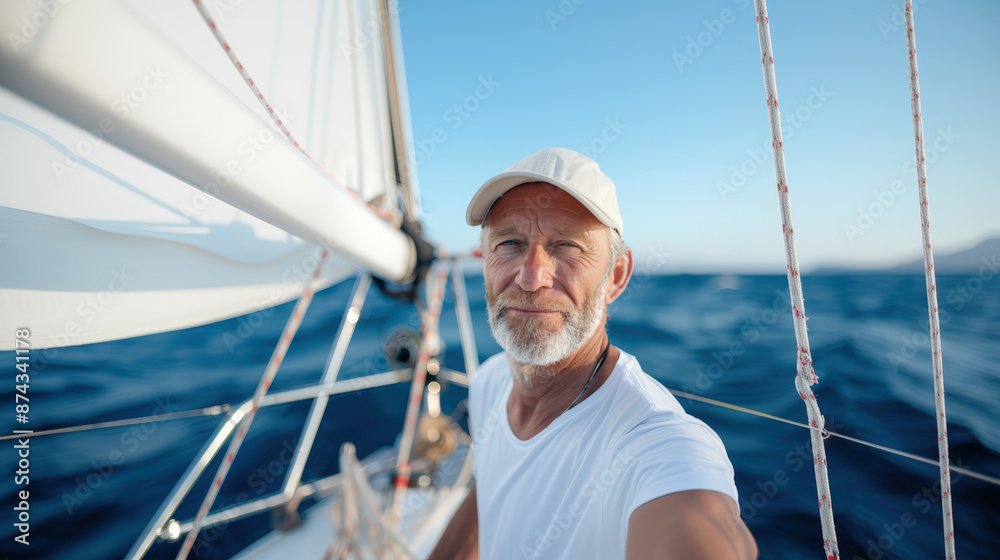 homme de 60 ans skippeur d'un petit voilier en mer Stock Photo | Adobe ...