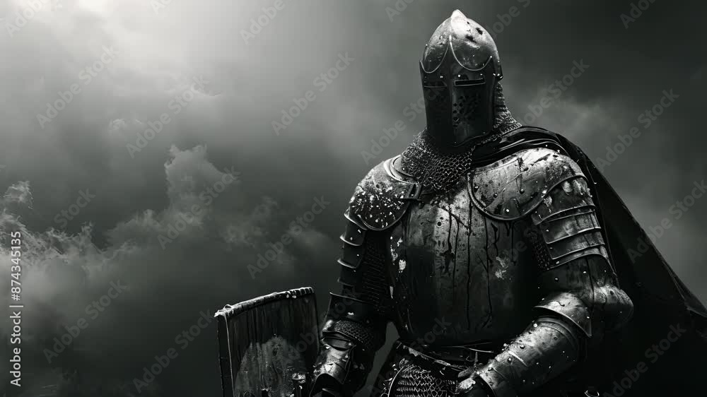 A solitary figure clad in armor bathed in shifting shadows is a symbol ...