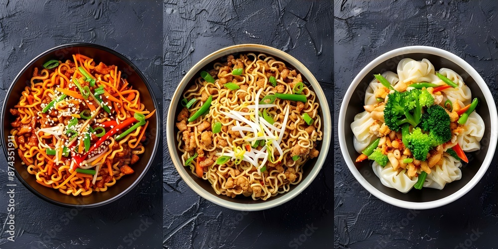 Collage of various Chinese noodles with vibrant toppings from top view ...