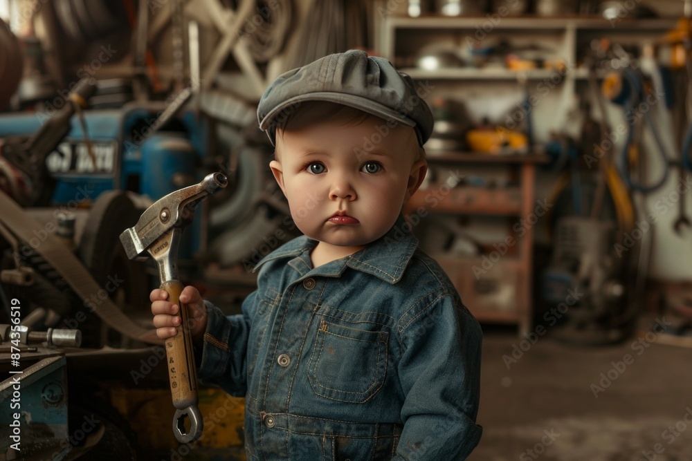 Baby working as a mechanic, dressed in a coverall and cap, holding a ...