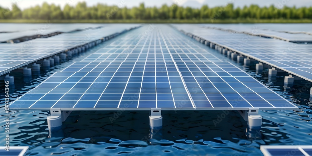 Solar panels floating on water in a large renewable energy park. Concept Renewable Energy, Solar ...