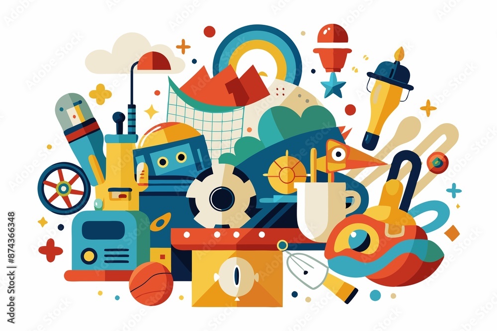 Whimsical arrangement of found objects and craft materials on white ...