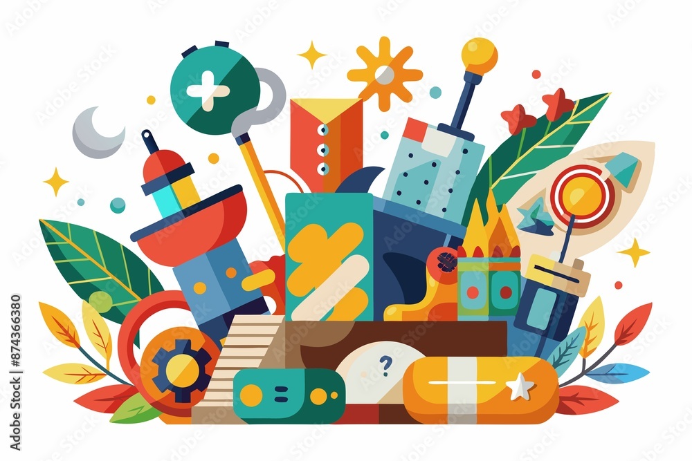 background, white, collage, Whimsical arrangement of found objects and ...