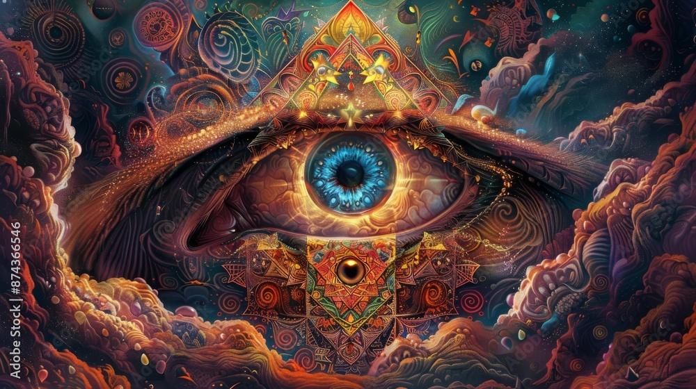 all seeing eye, psychedelic style vector illustration with fantasy ...