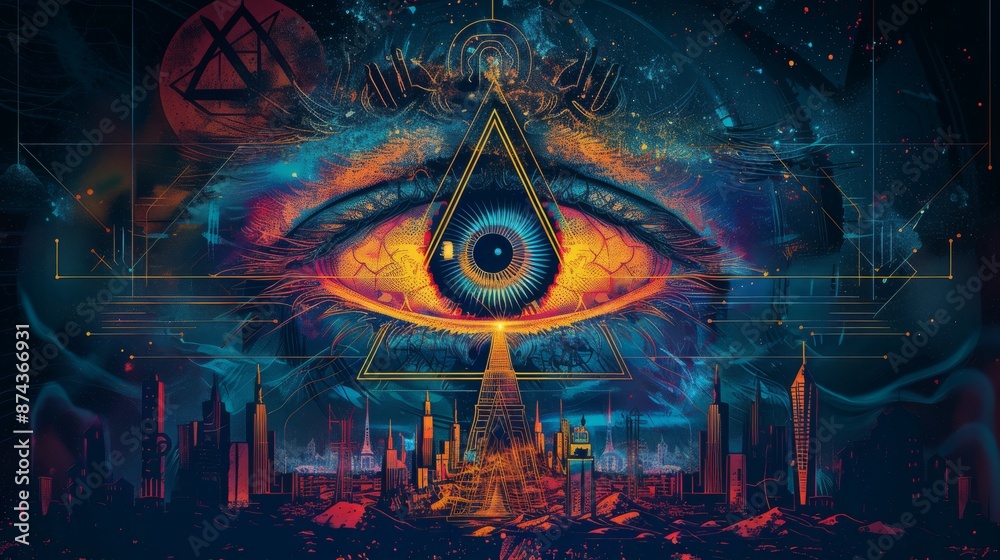 all seeing eye, psychedelic style vector illustration with fantasy ...