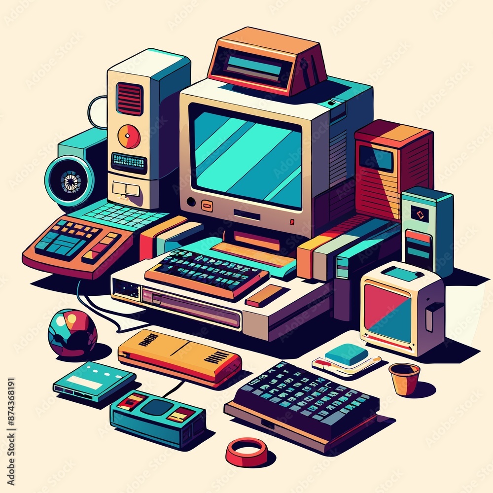 Vintage cyberpunk-style computer parts arranged on white surface, with ...