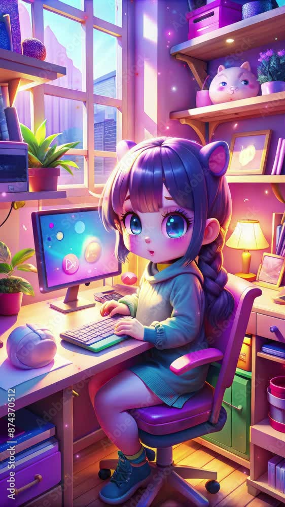 Anime girl working on computer. vibrant and engaging young woman ...