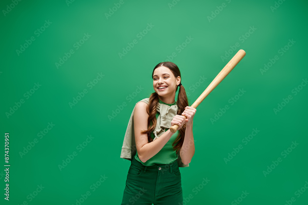 A young woman in her 20s holds a baseball bat confidently against a ...