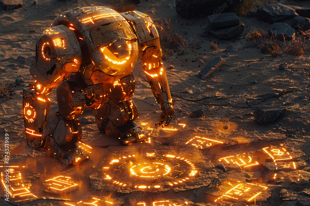 Mystical animated robot with a body made of glowing runes and ancient ...