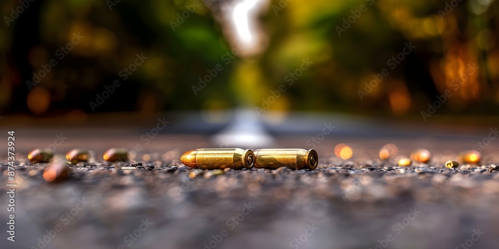 Pistol bullet shells scattered along the road. Concept Crime scene ...