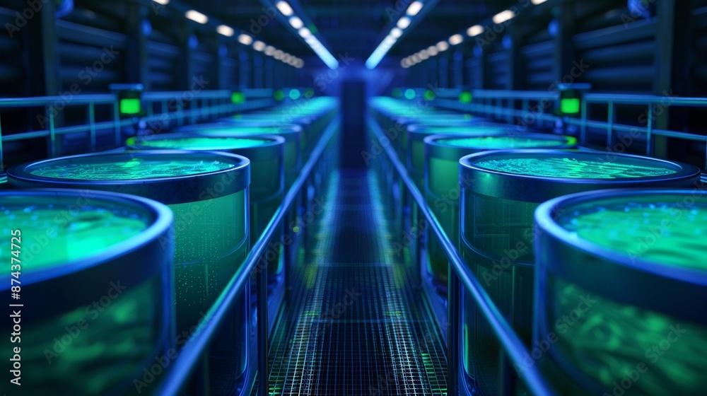 Automated fish farming tanks with sensors, Realistic, Blue and green ...