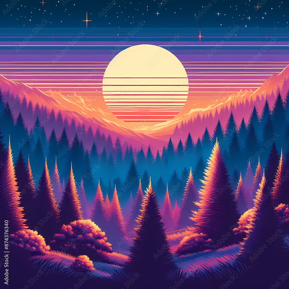 beautiful forest landscape sunset created synthwave style ai generated ...