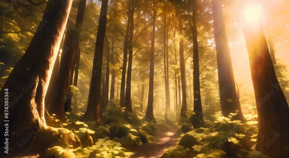 Majestic fantasy forest bathed in the golden light of the soaring sun ...