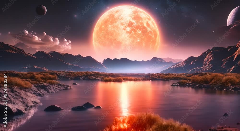 Mysterious river on an alien planets surface under a luminous sky with ...
