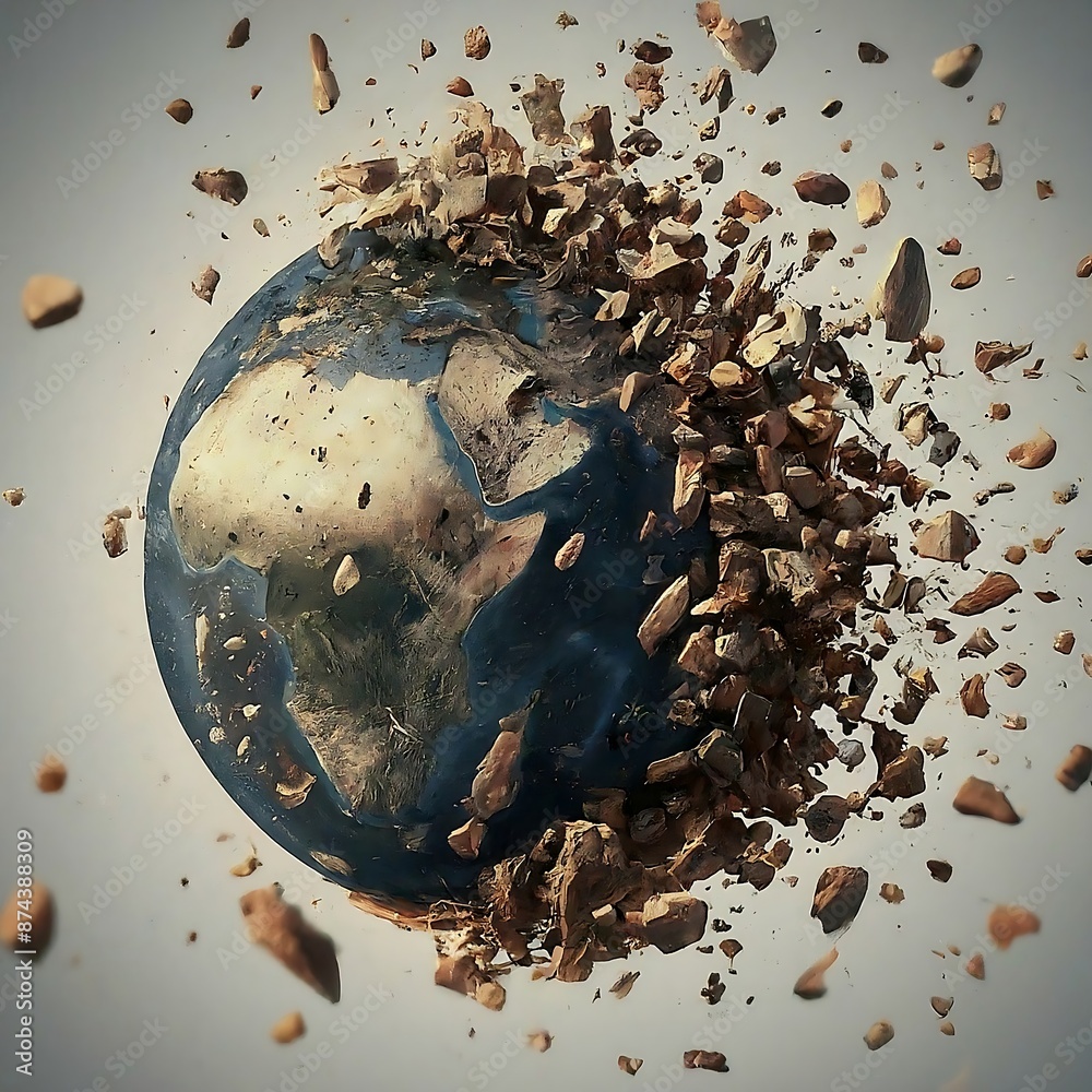 Earth globe disintegrating in to crumbing stones, World collapse in Apocalypse concept, image ...