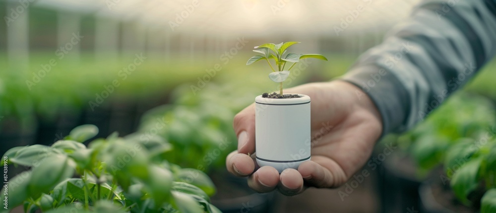 Person using a smart garden sensor to monitor plant health, Realistic ...