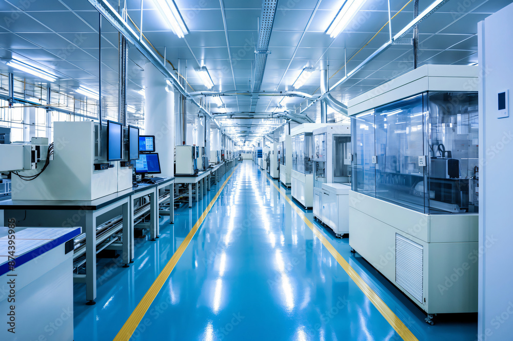 Long corridor inside a semiconductor manufacturing plant with many ...