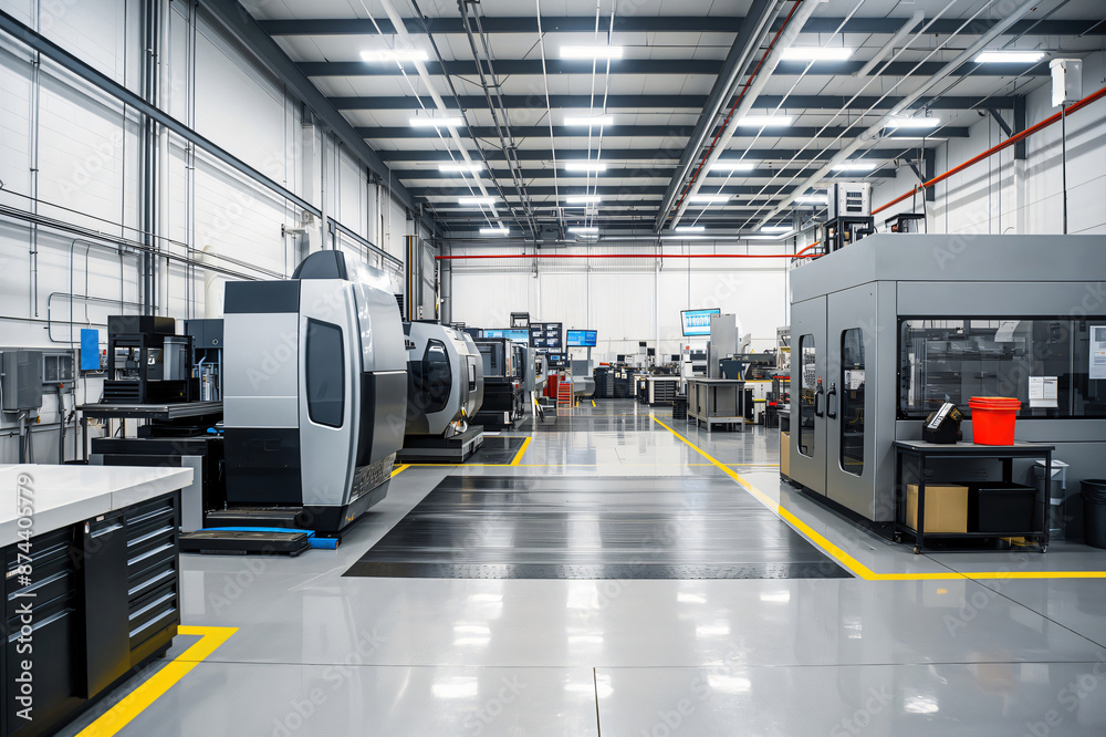 Modern cnc machines standing idle in a well lit factory, showcasing the ...