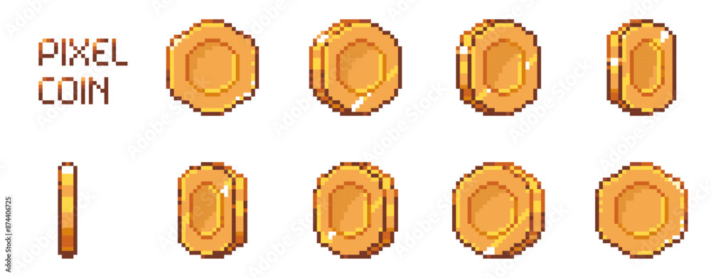 Pixel art coin animation. Retro 8 bit golden coins sprite asset ...