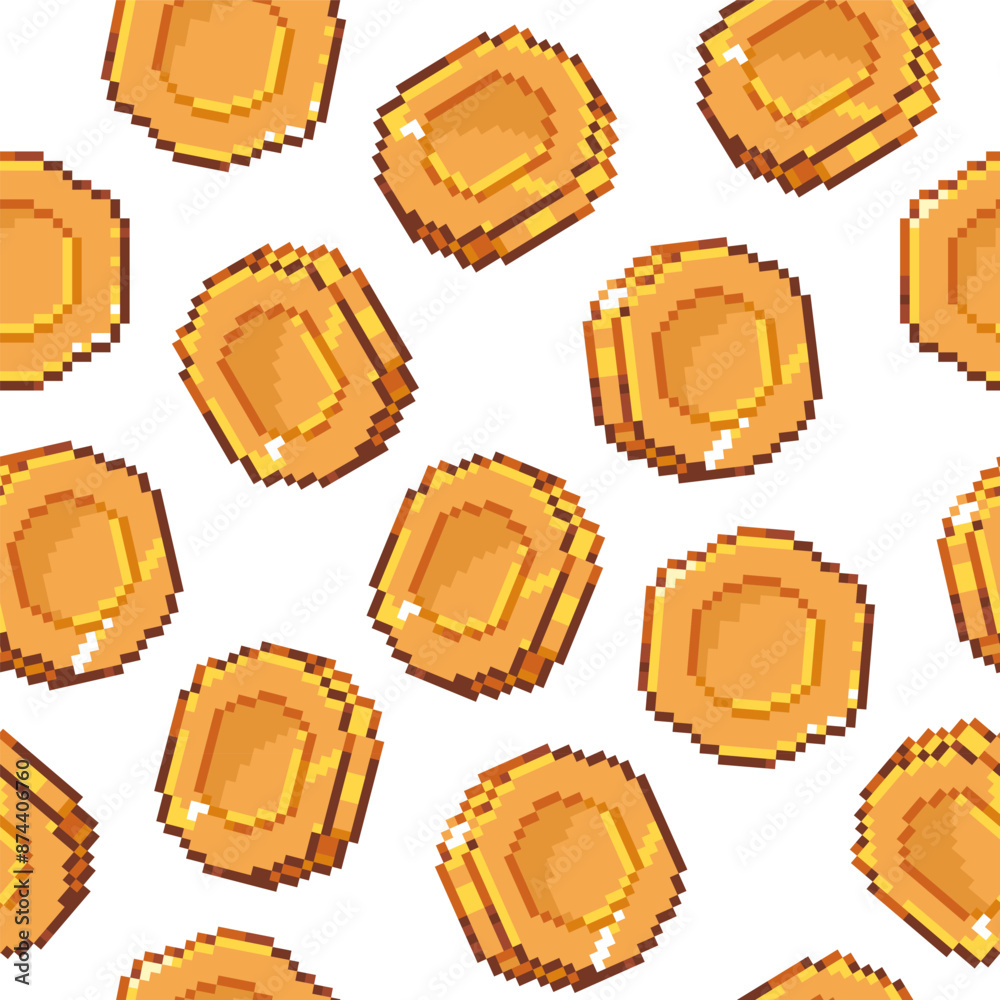 Pixel coin seamless pattern. Retro 8 bit golden coins arcade game ...