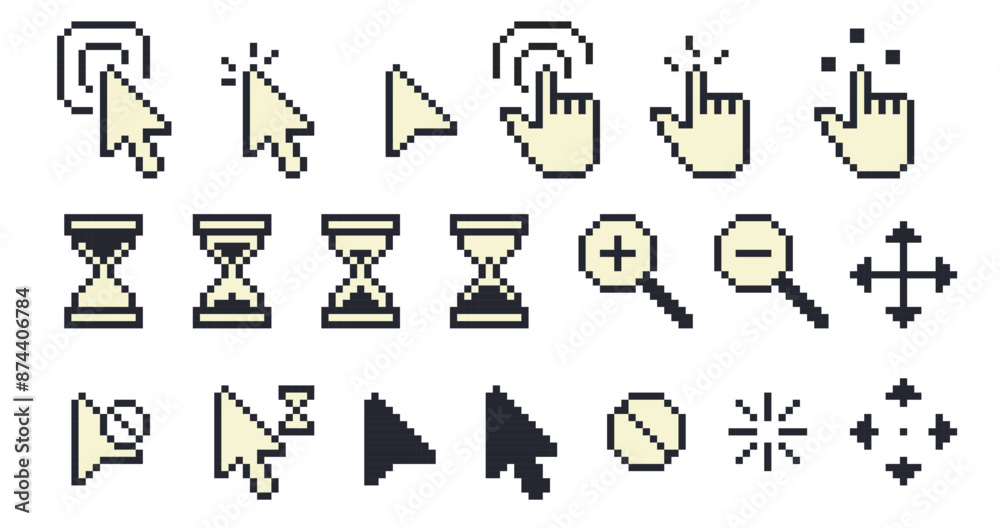 Pixel cursors. Retro vintage pointer cursor arrow hand finger icons, 8 ...