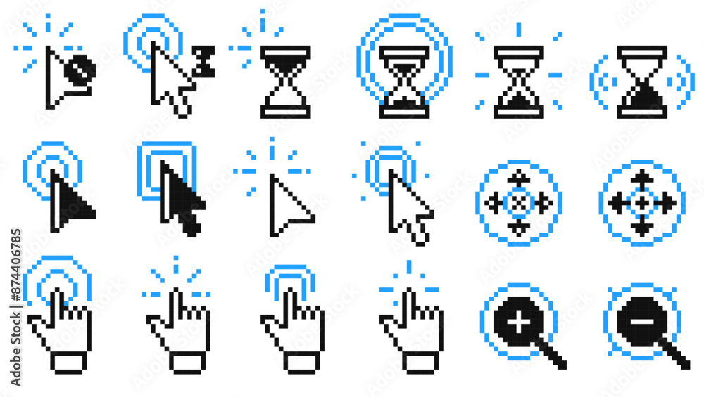 Pixel click icons. Vector arrow clicks icon mouse pointer hand touch ...