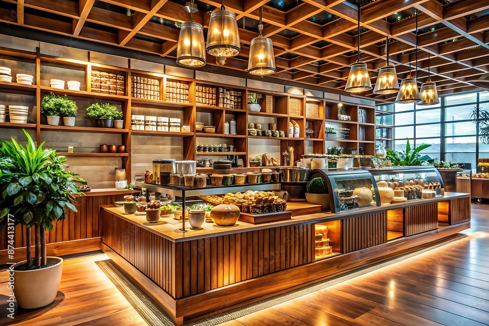 Elegant coffee shop interior at Changi Airport featuring rich wood ...