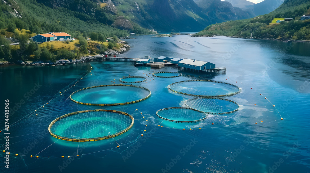 aerial view of industrial aquaculture salmon farming in a scenic fjord ...