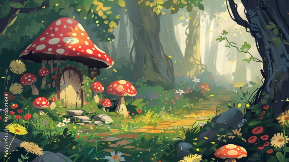 Fairy tale forest clearing, a small cottage, flowers and mushrooms ...