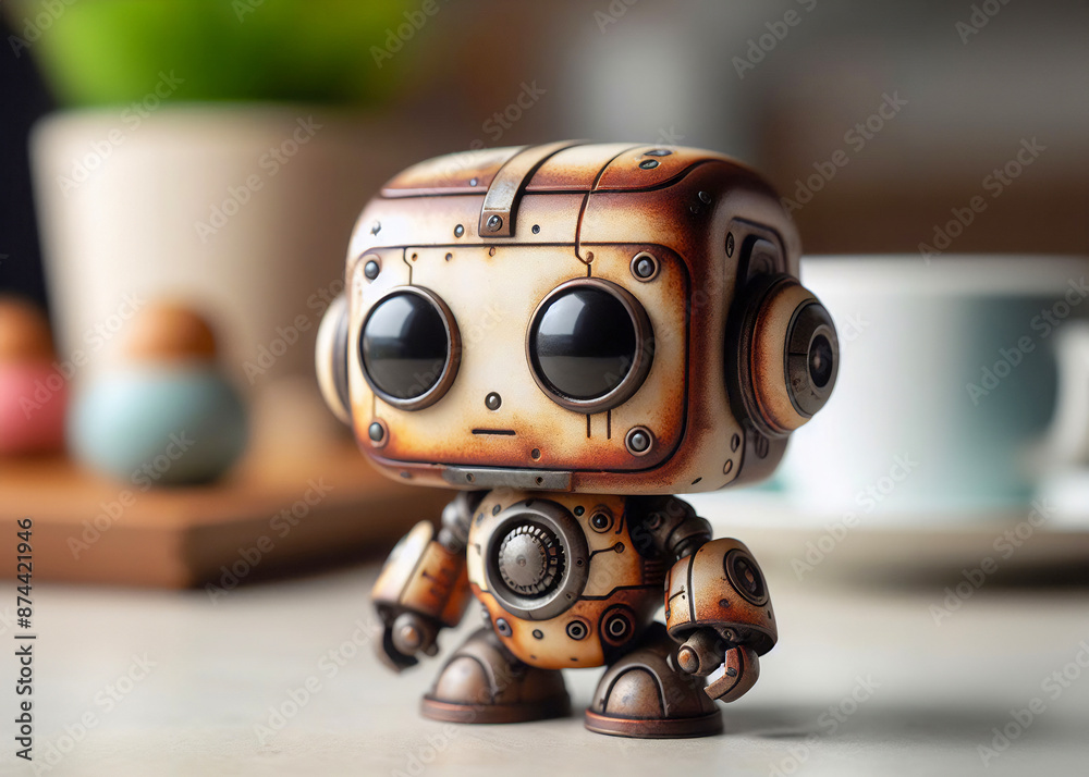 Nostalgic mini robot with rustic, stained appearance on a table under ...