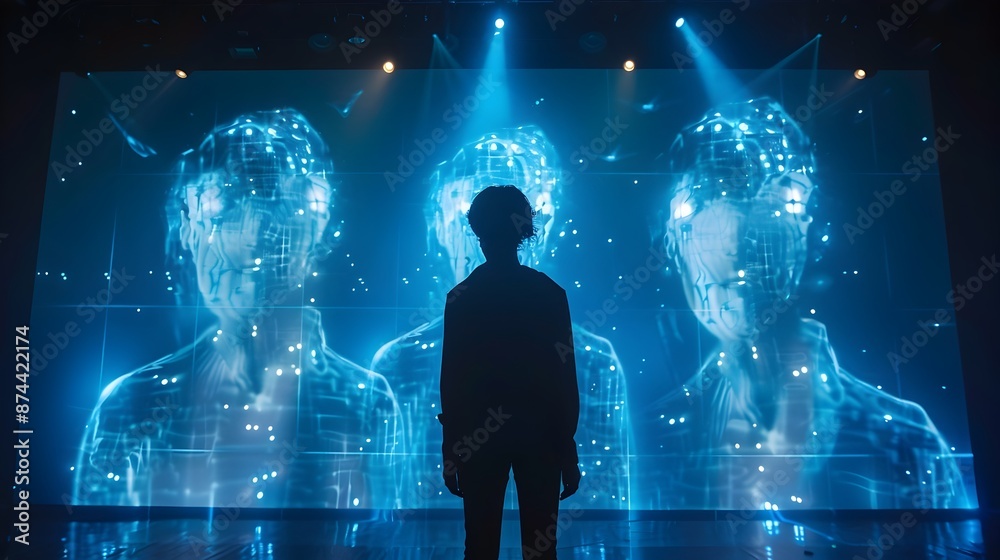 Silhouetted Human Figure in Futuristic Holographic Projection Stock ...