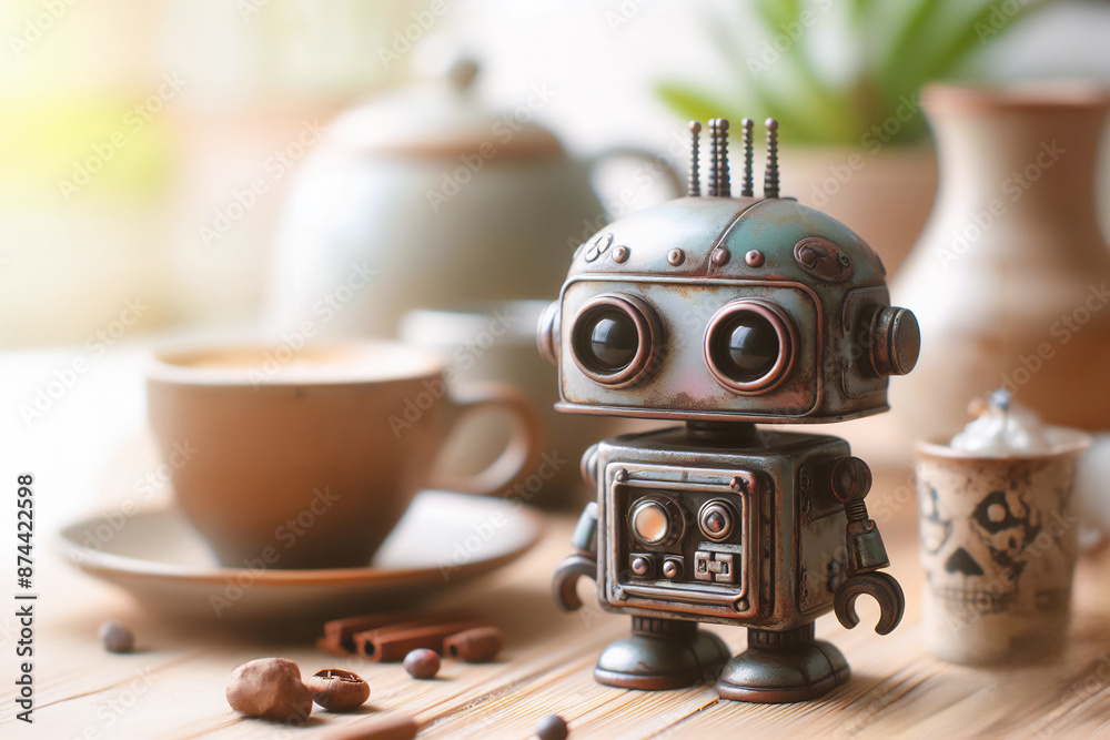Nostalgic mini robot with rustic, stained appearance on a table under ...