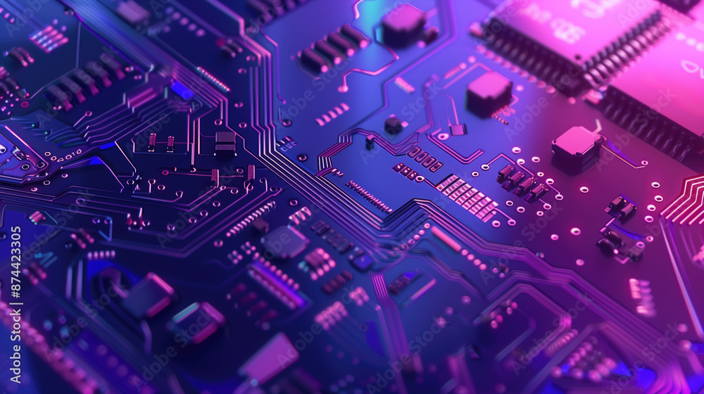 Closeup of electronic circuit board with glowing components in purple ...