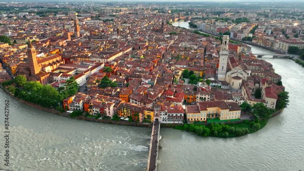 Verona aerial view at sunset, historical Verona old town drone view ...