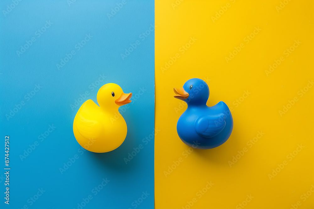 A yellow rubber duck and a blue rubber duck facing each other on a ...