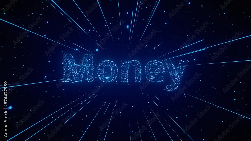 A particle animation of the word Money with a blue light effect and ...